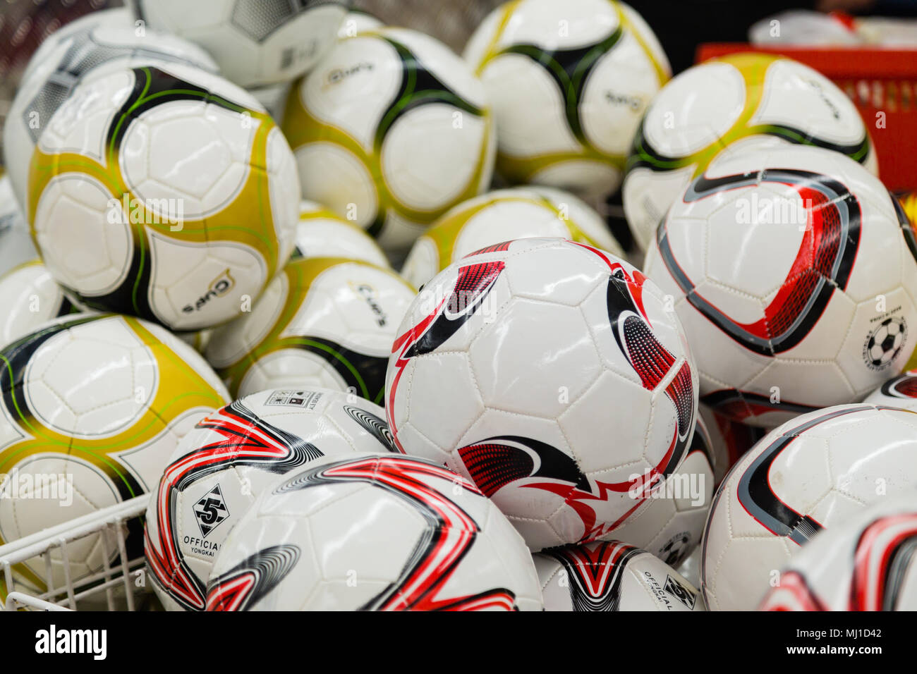 MOSCOW, RUSSIA - APRIL 27, 2018: Colored soccer balls in the ...