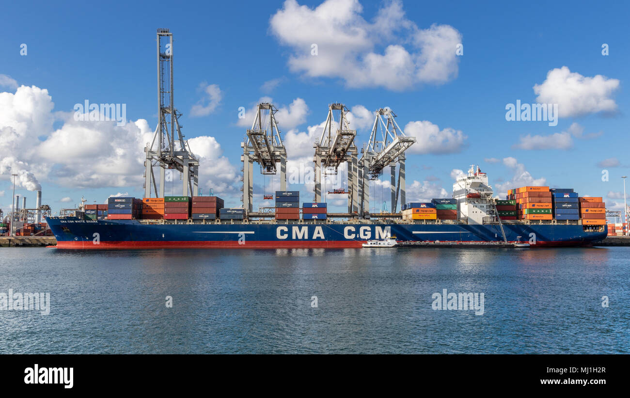 ROTTERDAM, THE NETHERLANDS - SEP 2, 2017: Container ship being loaded ...
