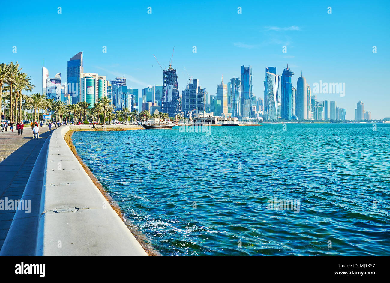 DOHA, QATAR - FEBRUARY 13, 2018: The wave wall stretches along the ...