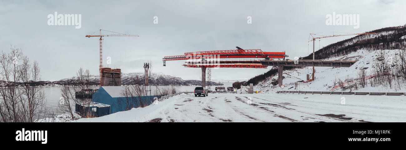Norway Narvik, The Halogaland Bridge is a suspension bridge under ...