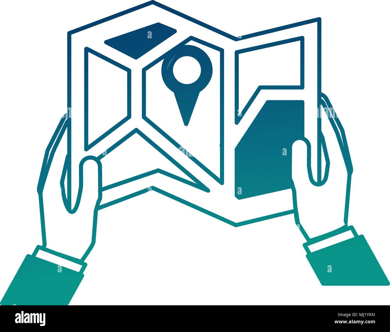 hands lifting paper map guide with pin location vector illustration ...