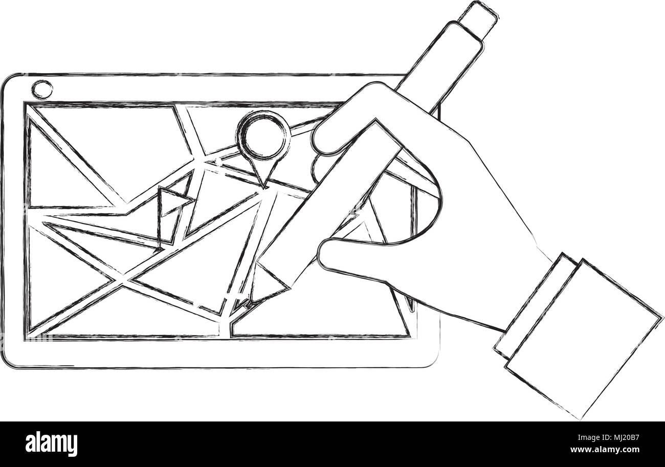 hand holding digital pen on screen with gps navigation map vector ...