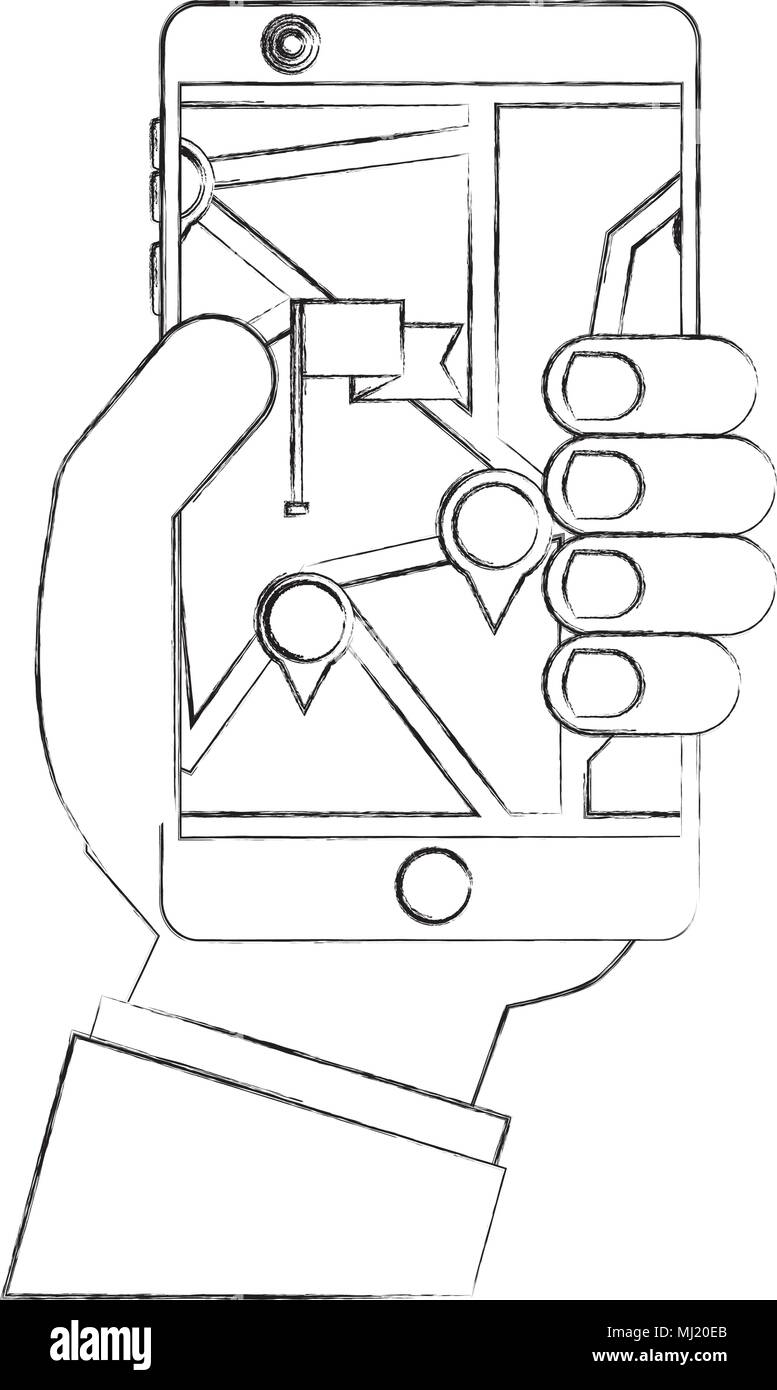 hand holds smartphone map gps navigation flag pin vector illustration sketch Stock Vector Image ...