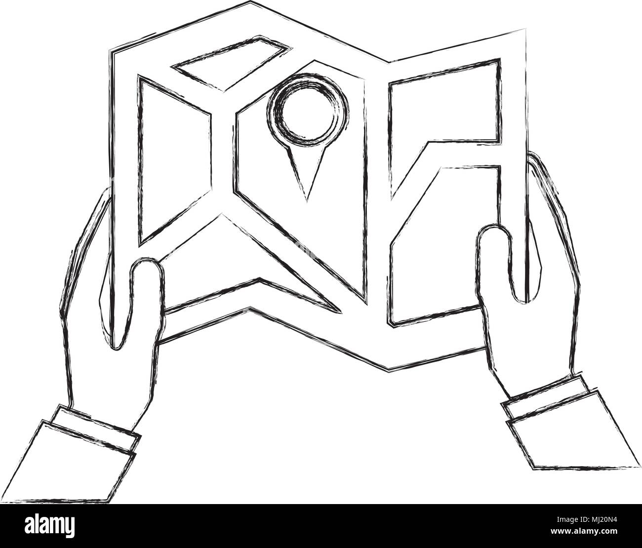 hand holds gps navigation folded map pin vector illustration sketch ...
