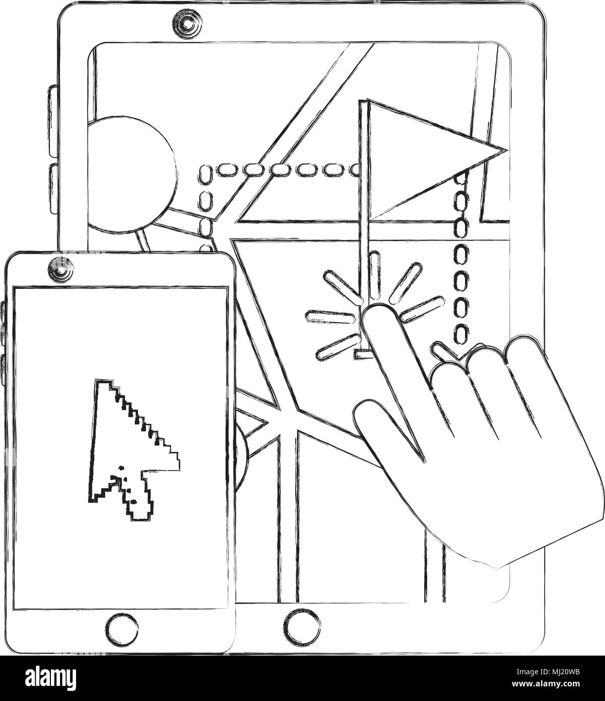 hand touching on screen map mobile app gps navigation vector ...