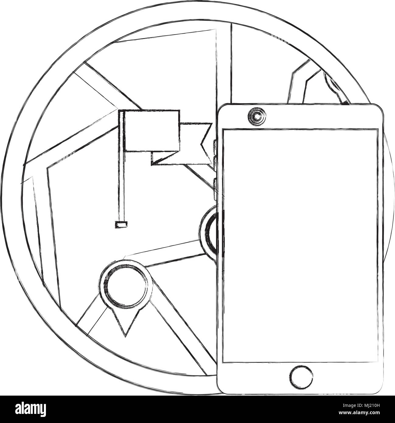 mobile phone and round map gps navigation vector illustration sketch ...