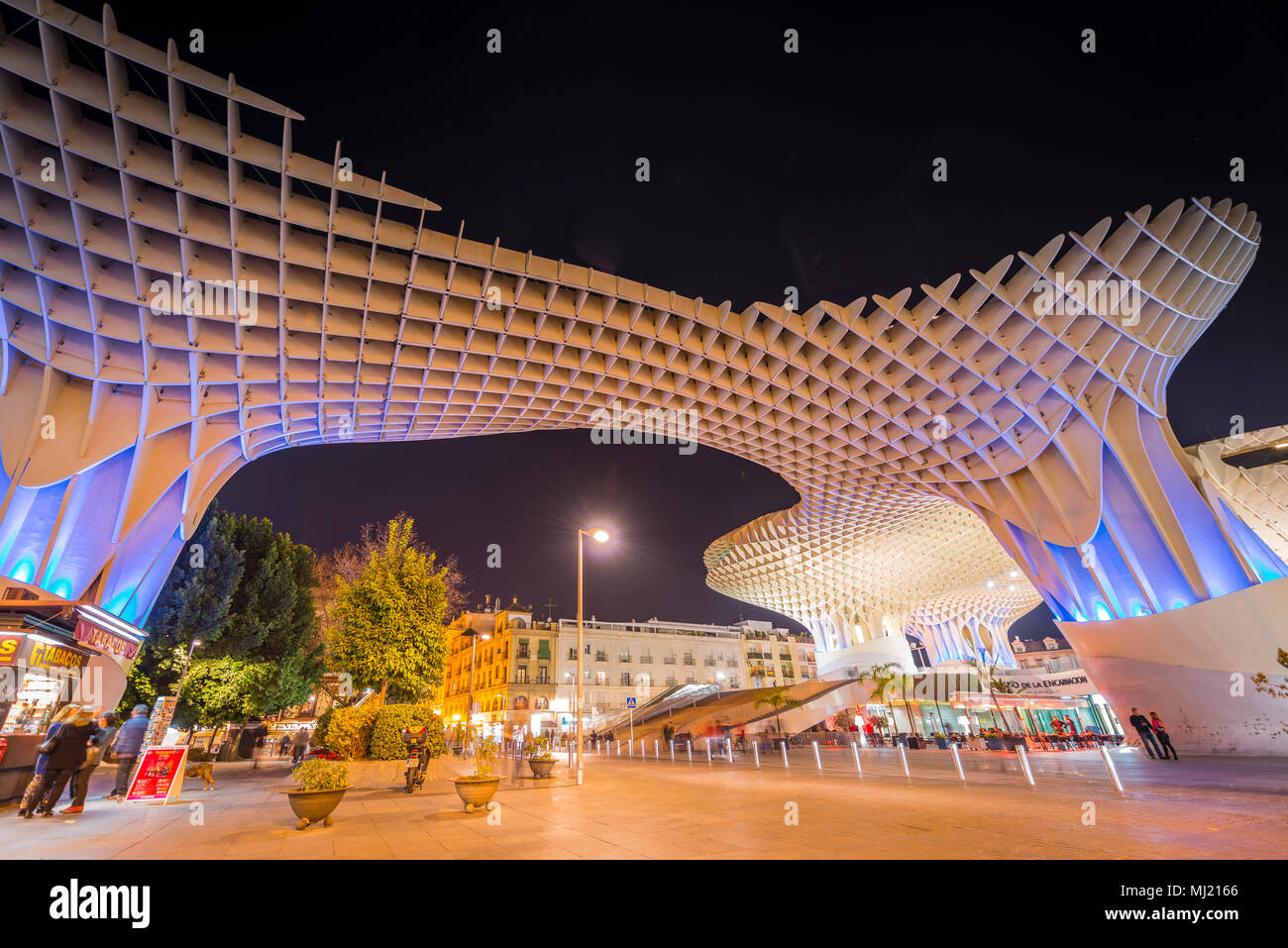 Modern architecture, wooden structure Metropol Parasol, illuminated at ...