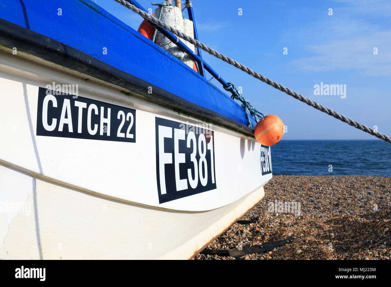 Fishing boat on the pebble beach in Hythe, near Folkestone, Kent, UK ...