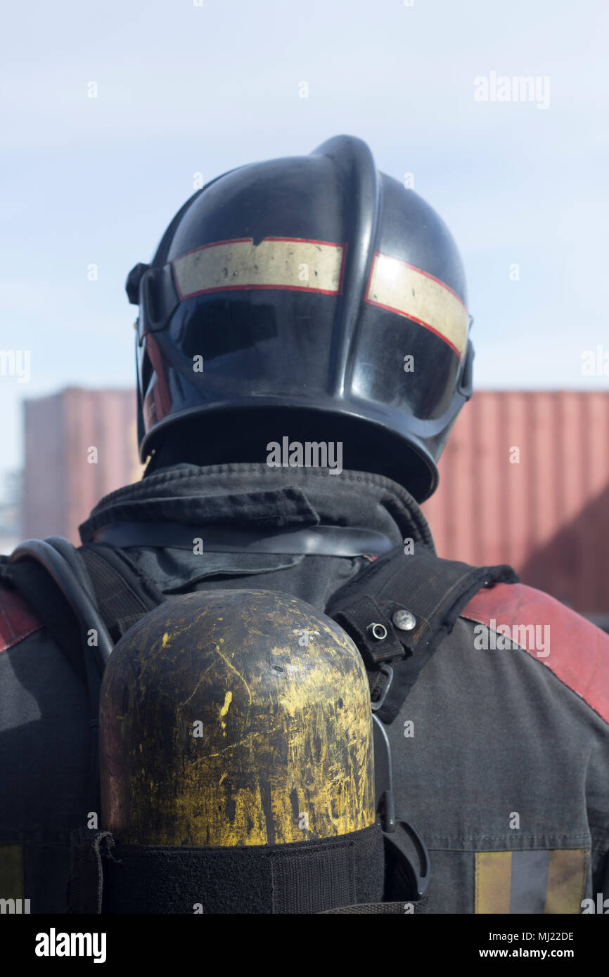 Firefighter putting out fire training station extinguisher backdraft ...