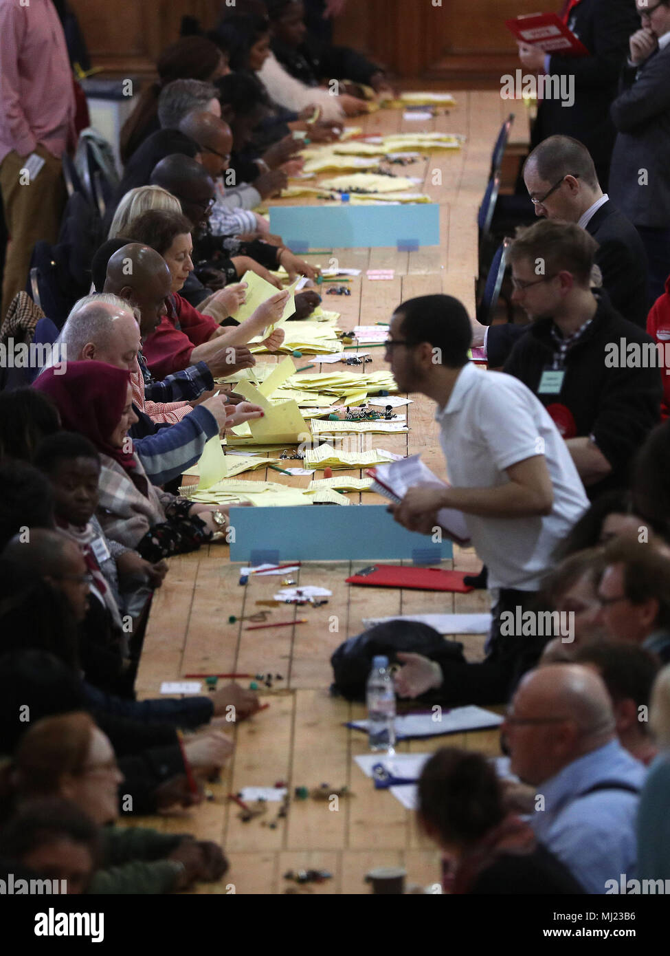Count volunteers sort ballot papers at Lindley Hall, Westminster ...