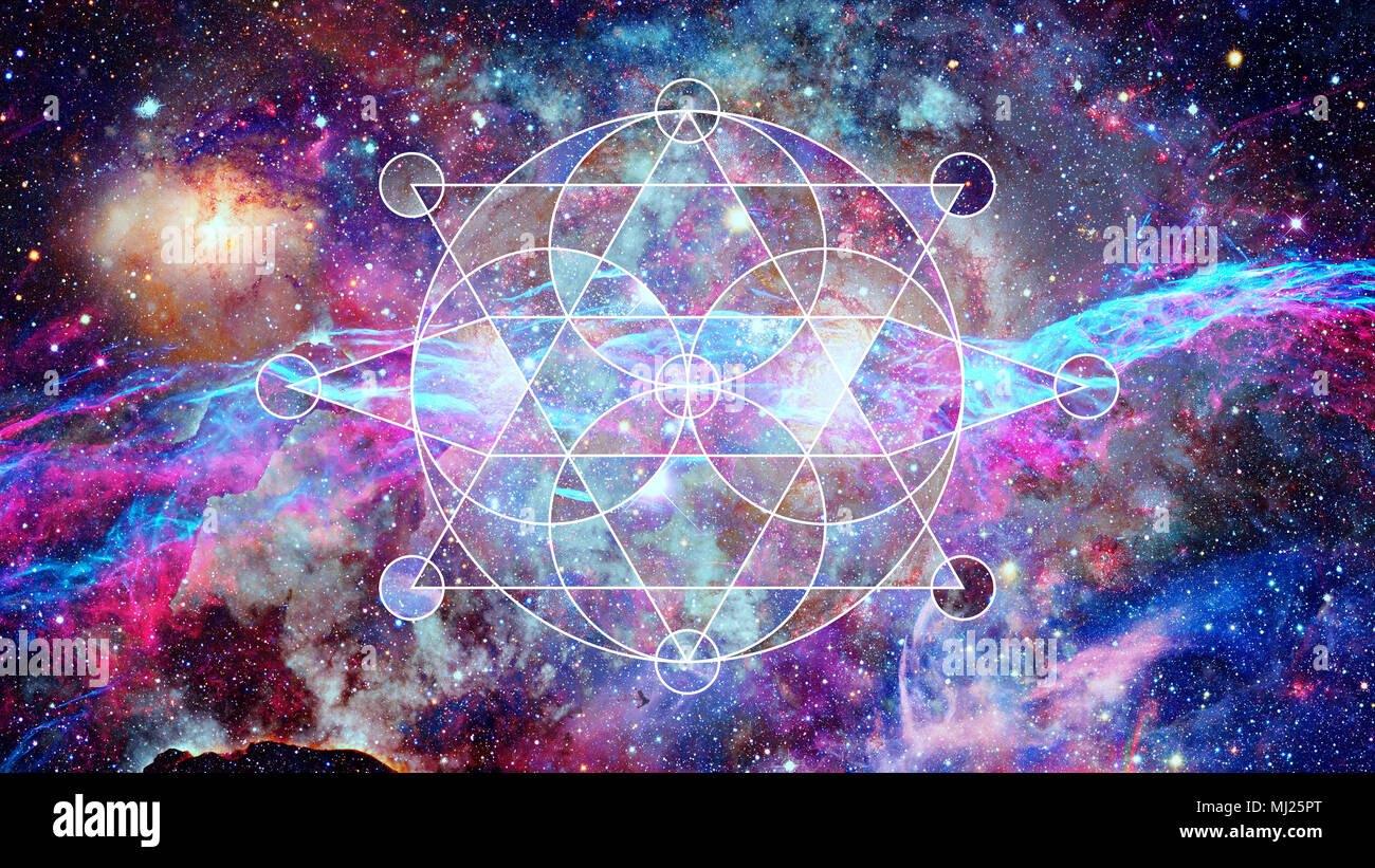 Abstract cosmos geometric background with polygons, triangles, stars ...