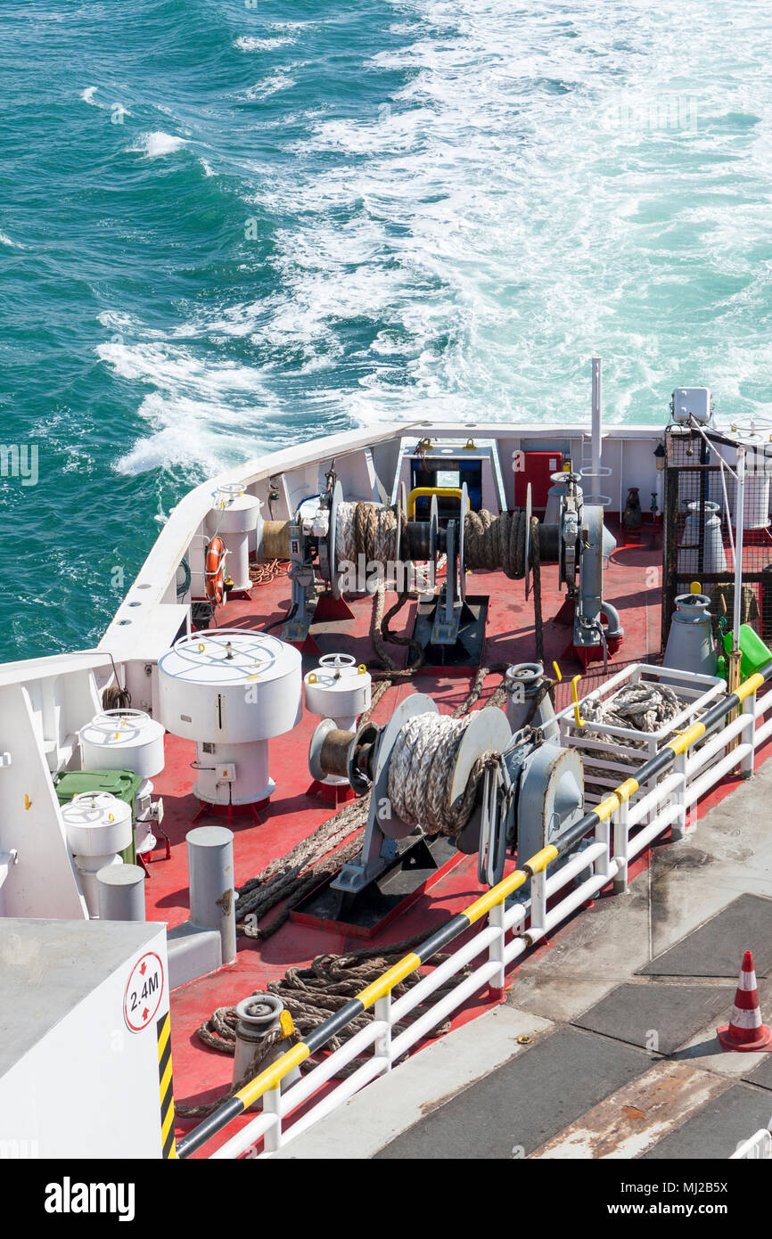 Ropes and winches at the stern of a DFDS Seaways cross-channel ferry ...