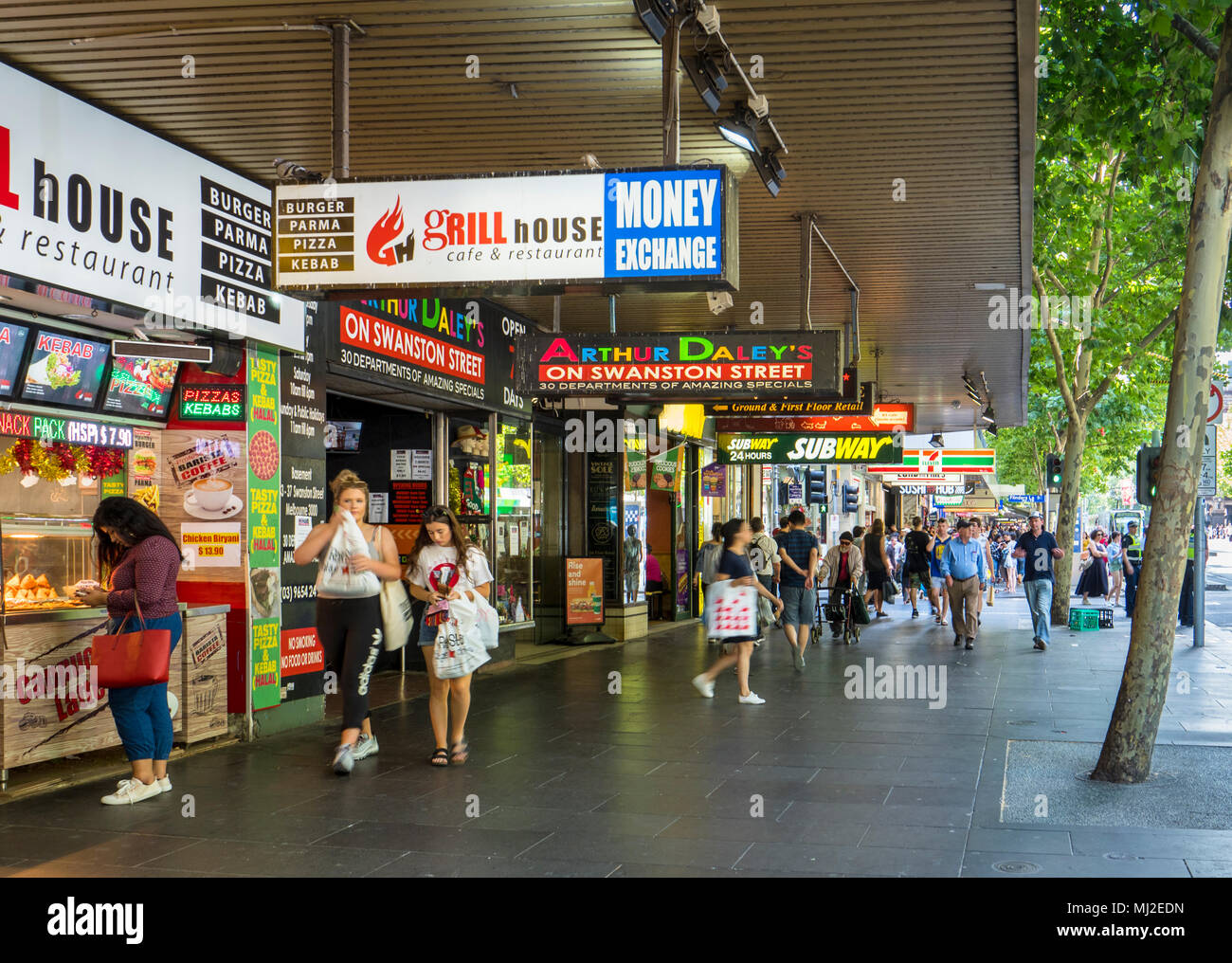 Shops signage on Swanston Street, central Melbourme, Victoria ...