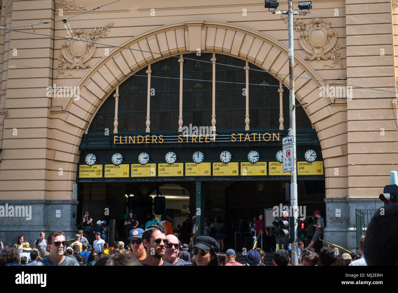 The clocks of Flinders Street Station in central Melbourne indicating ...