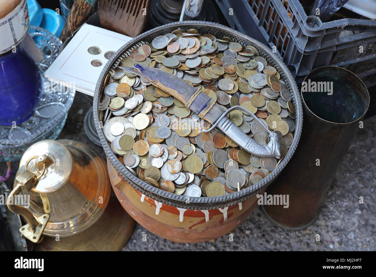Bunch of Old Coins in Tray at Flea Market Stock Photo - Alamy