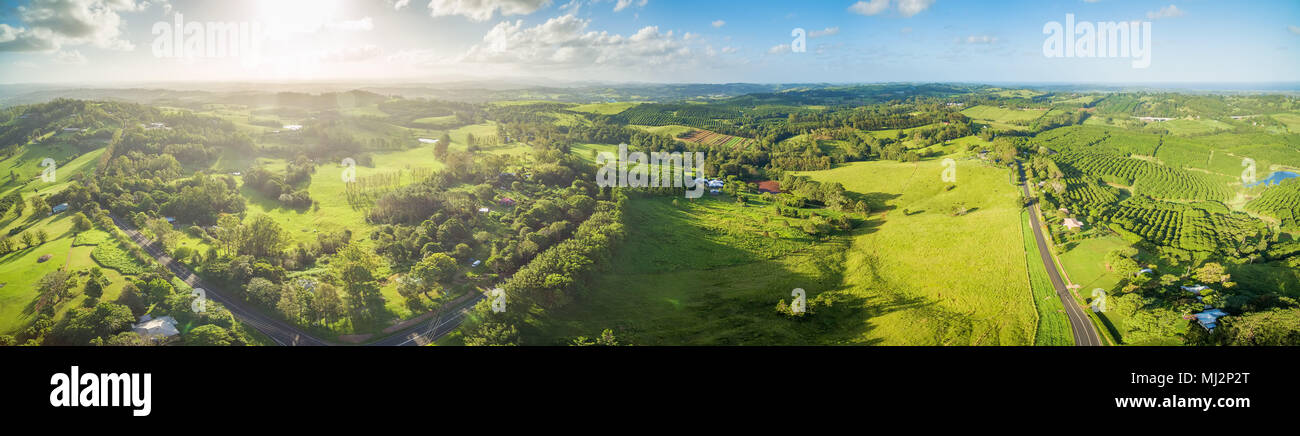 Wide aerial panorama of beautiful green Australian countryside at ...