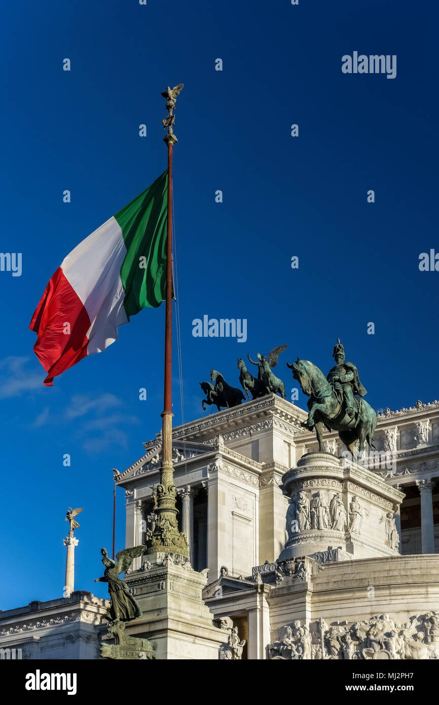Flying Italian flag. Monument to king Victor Emmanuel II, and monument ...