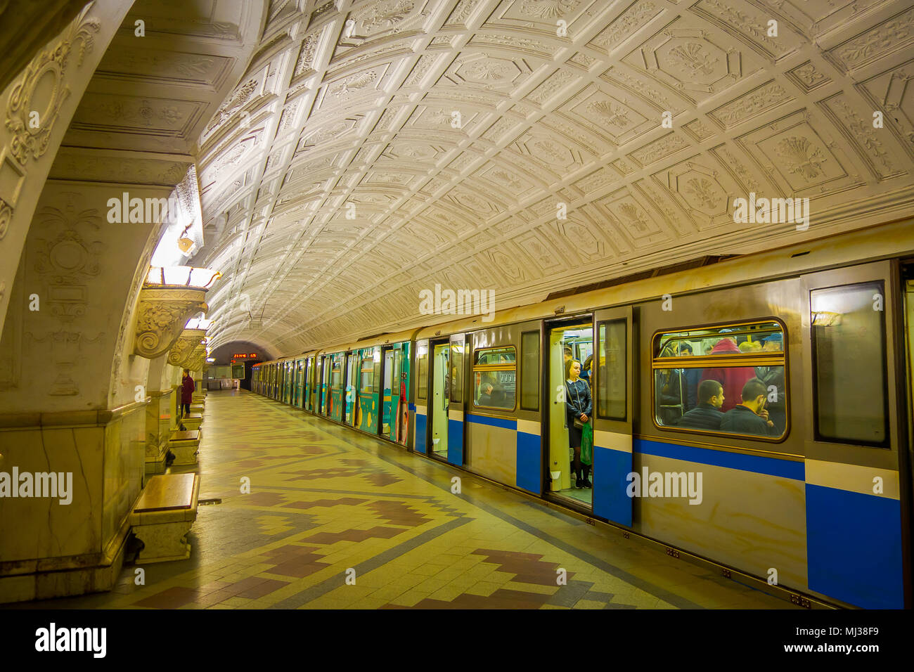 MOSCOW, RUSSIA- APRIL, 29, 2018: Blurred view of train in Belorusskaya ...