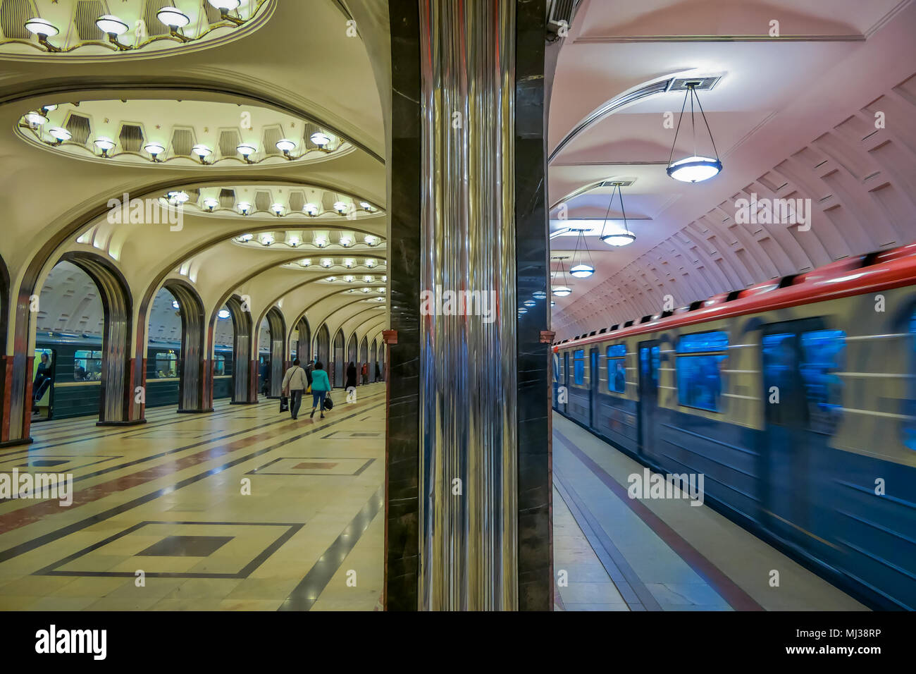 MOSCOW, RUSSIA- APRIL, 29, 2018: Mayakovskaya subway station in Moscow ...