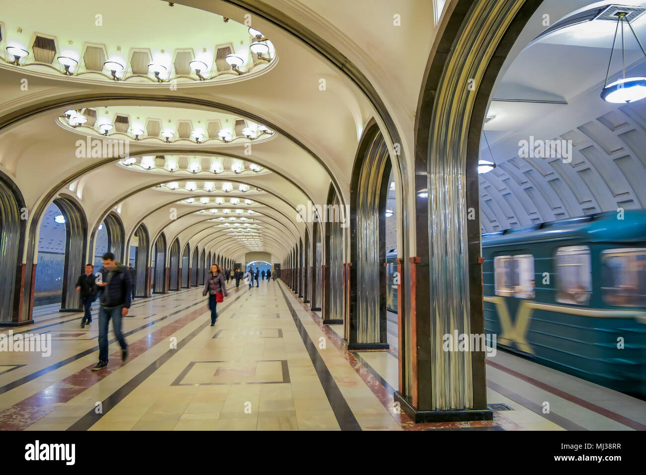 MOSCOW, RUSSIA- APRIL, 29, 2018: Mayakovskaya subway station in Moscow ...