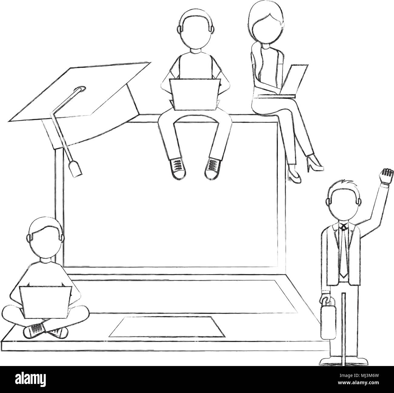group people graduates learning with laptop vector illustration sketch ...