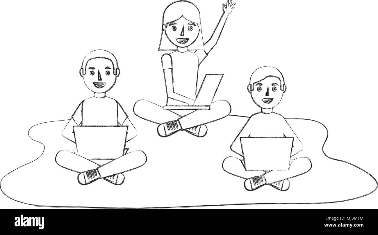 group teenager using laptop computer vector illustration sketch Stock ...