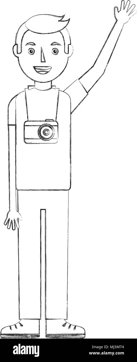 young man standing with photographic camera vector illustration sketch ...