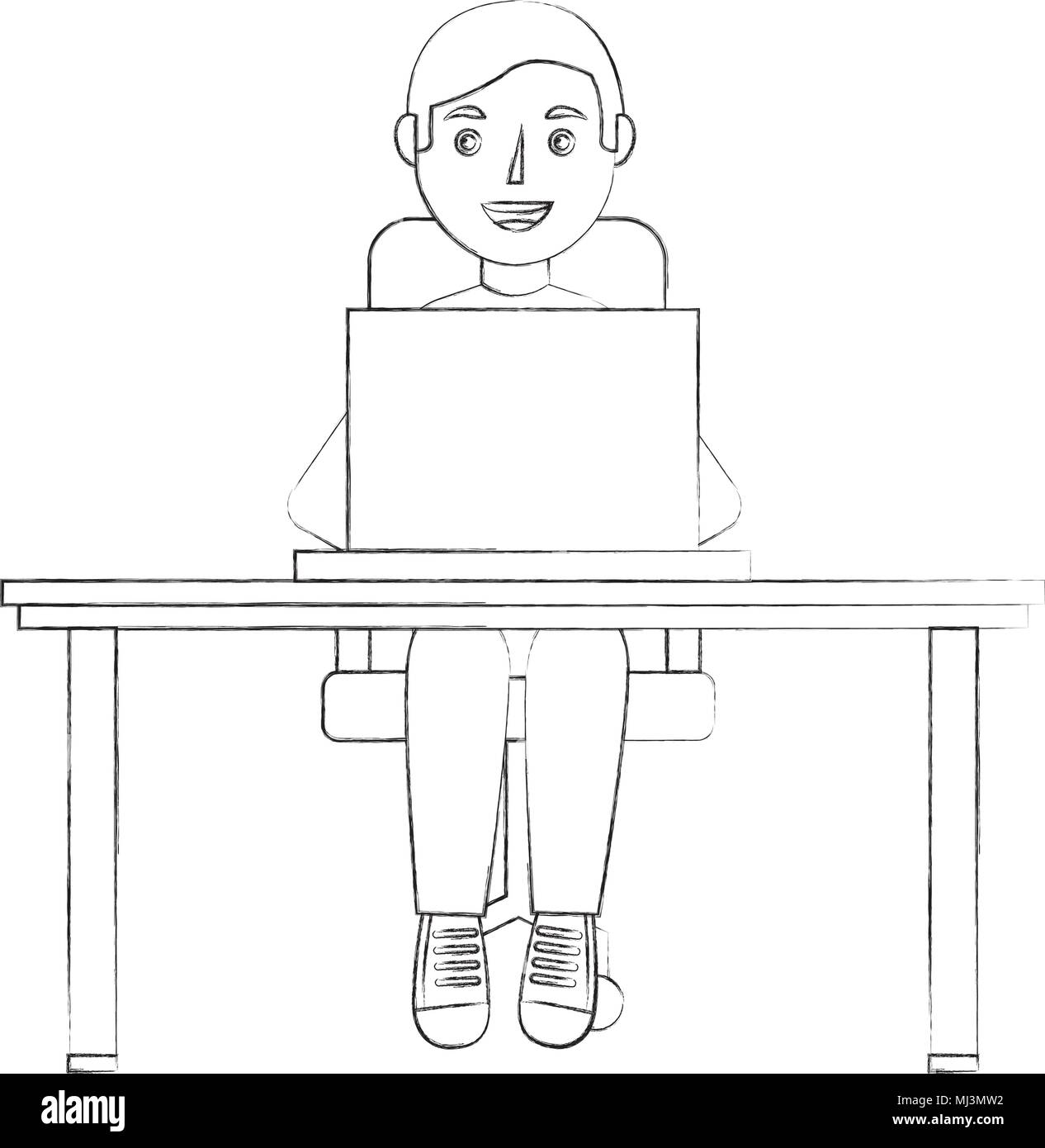 happy young man sitting at the desk in chair with laptop vector ...