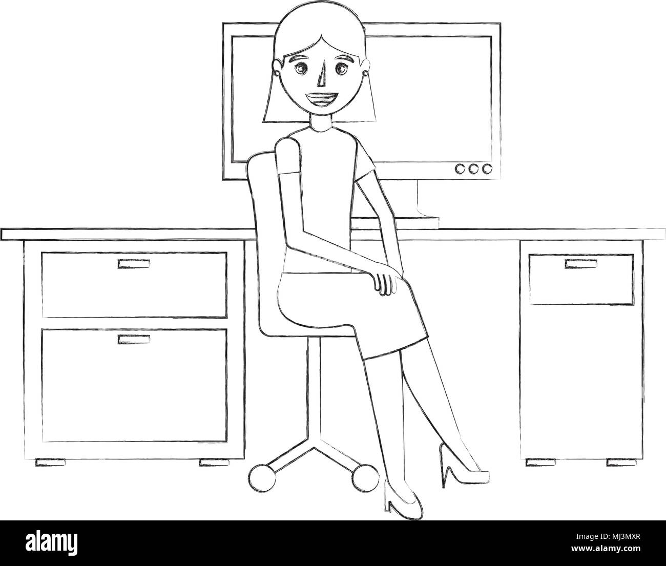 woman sitting in the office chair desk and computer vector illustration ...