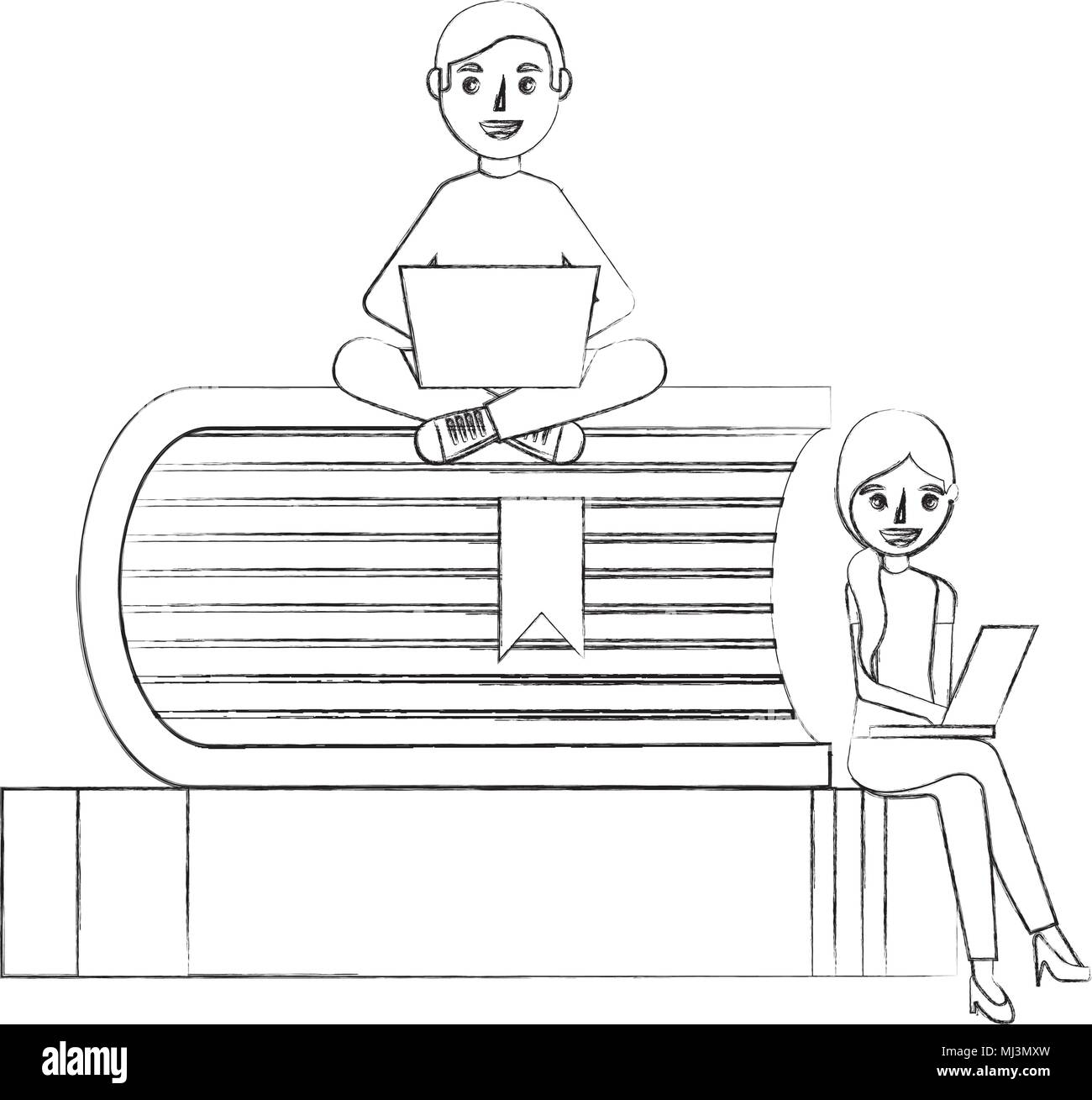 young people using laptop e-learning studying and education vector ...