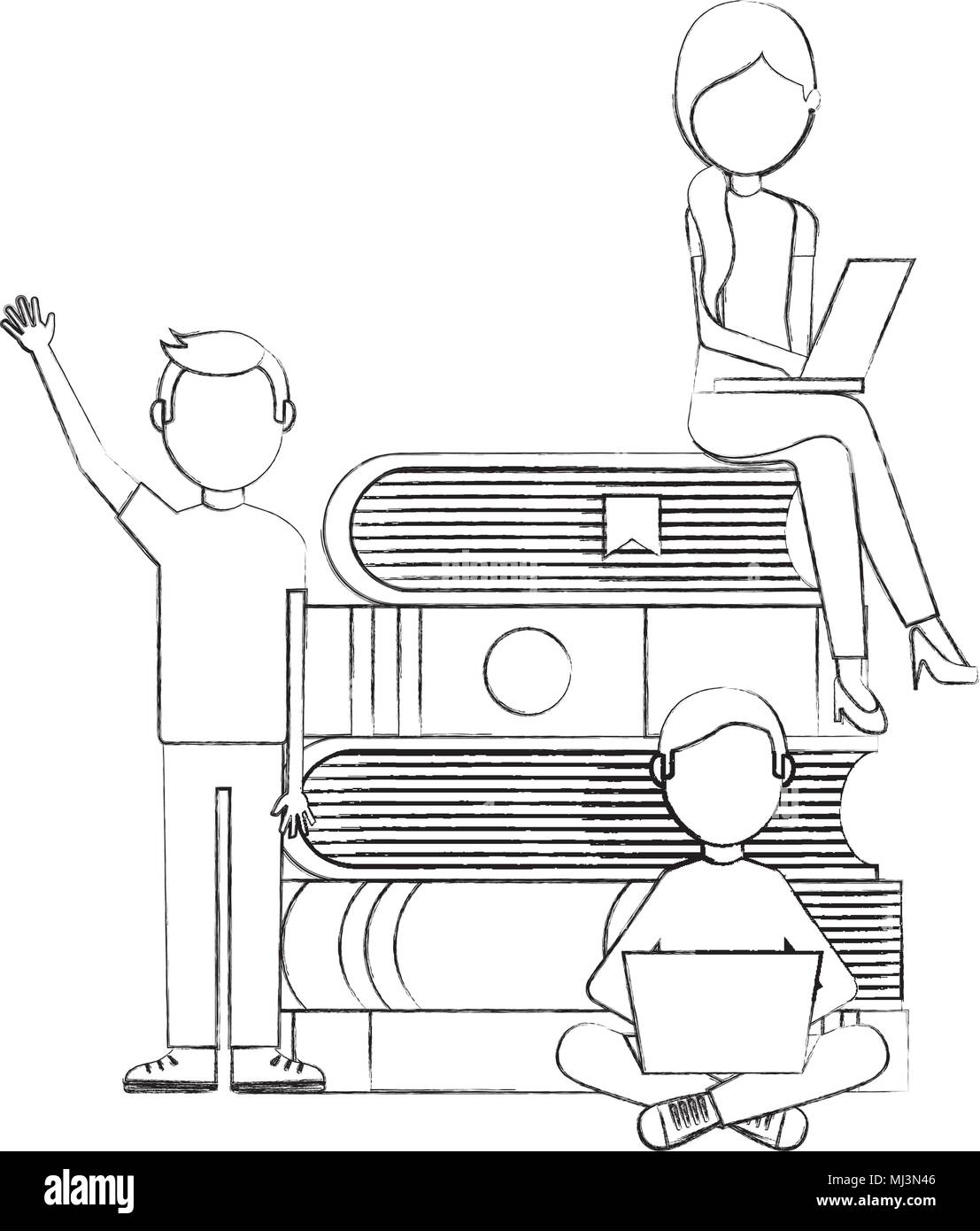 happy group people learning with books and laptop vector illustration ...