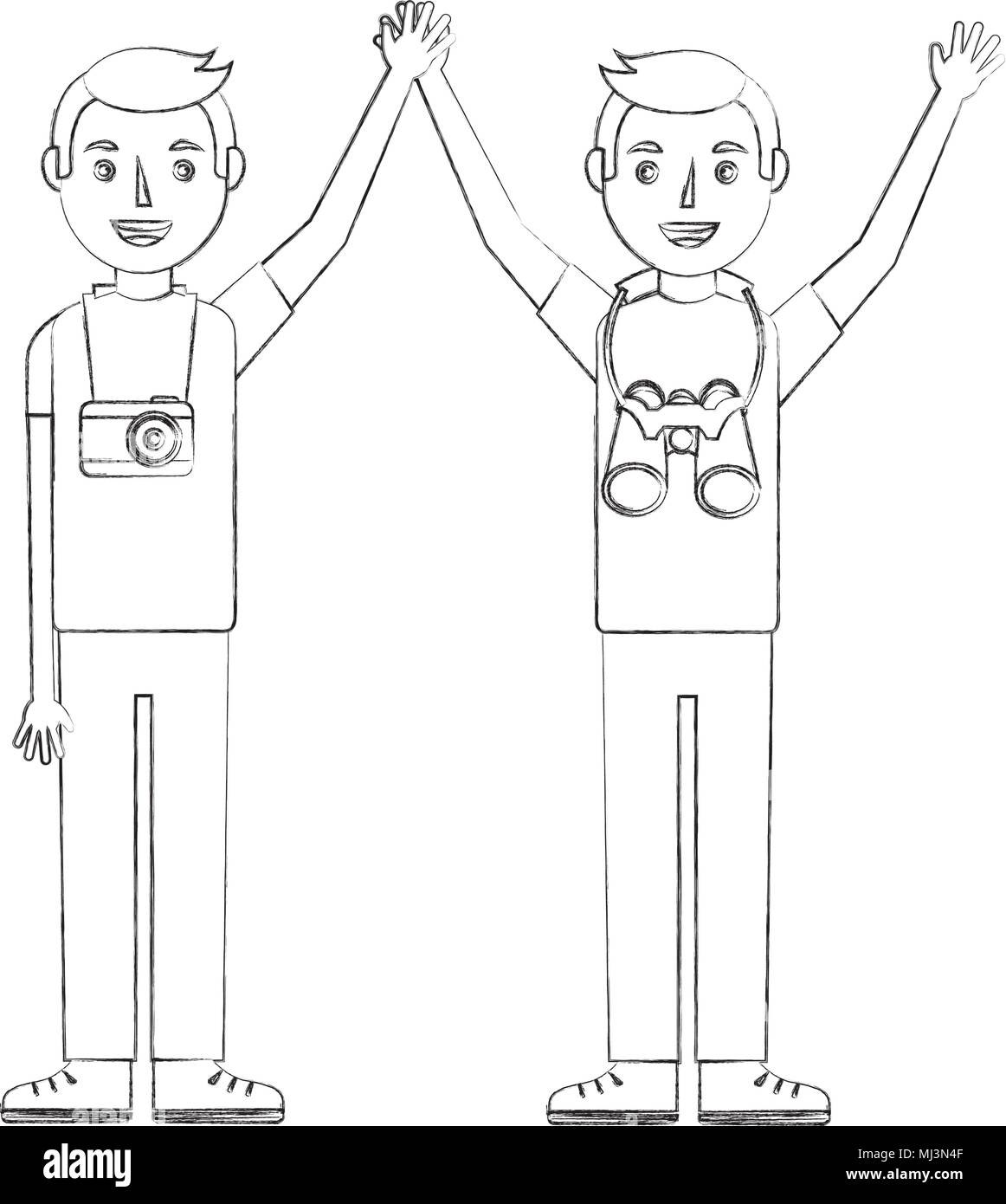 two happy young men raised hands with camera and binoculars vector ...