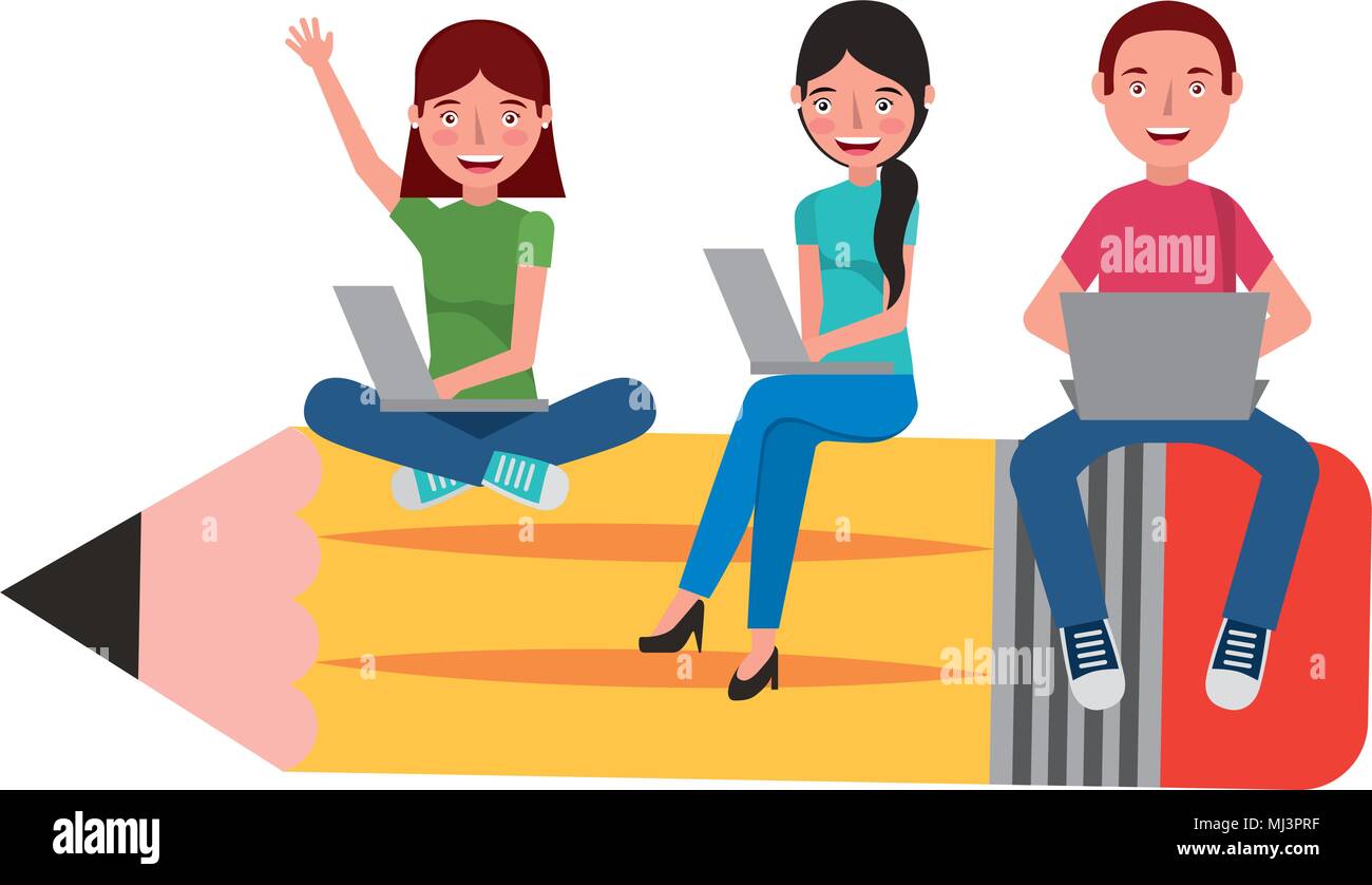 group students sit on school pencil with her laptops vector ...