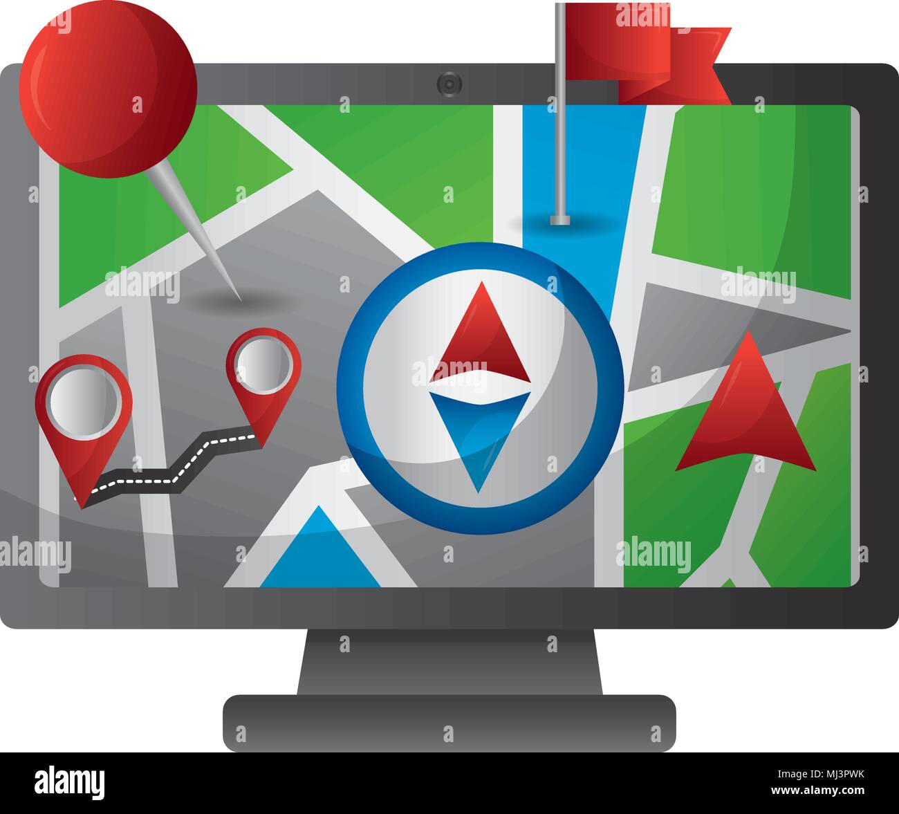 computer screen mobile gps navigation compass flag and pointers mark ...