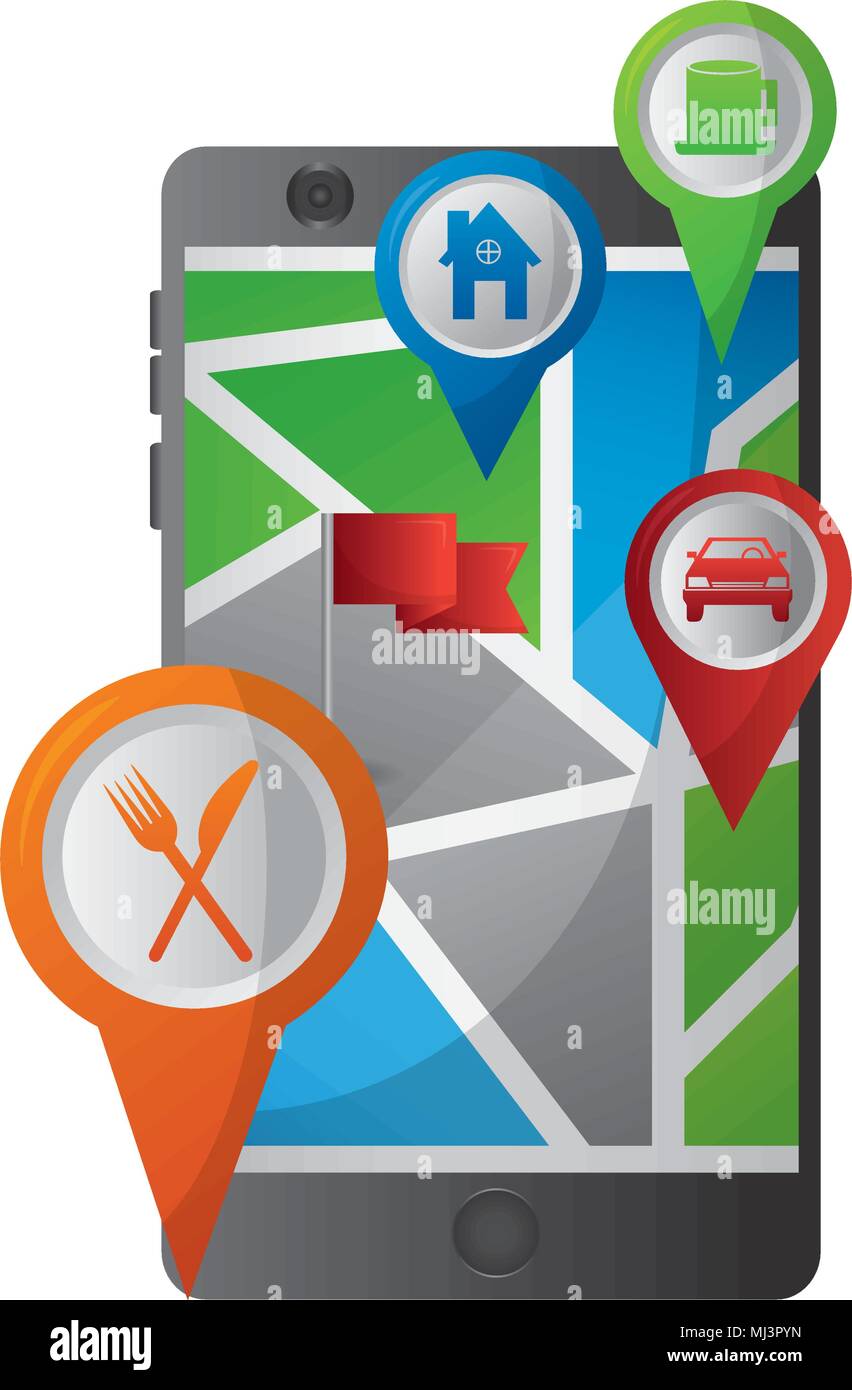 smartphone gps map navigation pin flag restaurant house car vector illustration Stock Vector ...