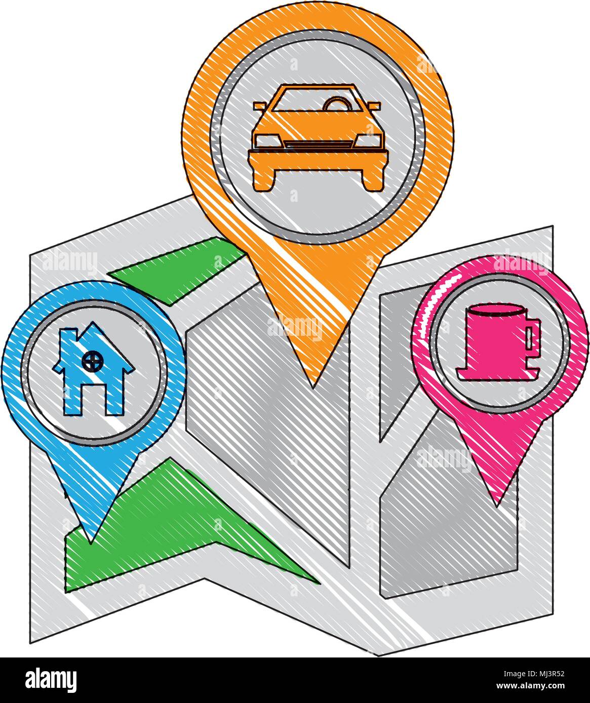 map navigation with pointer markers car home and coffee bar vector ...