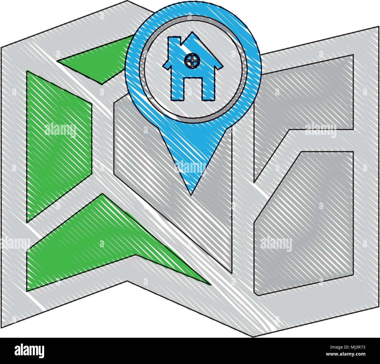 folded gps map navigation home pin vector illustration drawing Stock ...