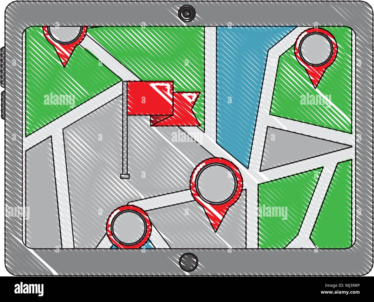 mobile gps navigation smartphone with flag pins on city map vector ...