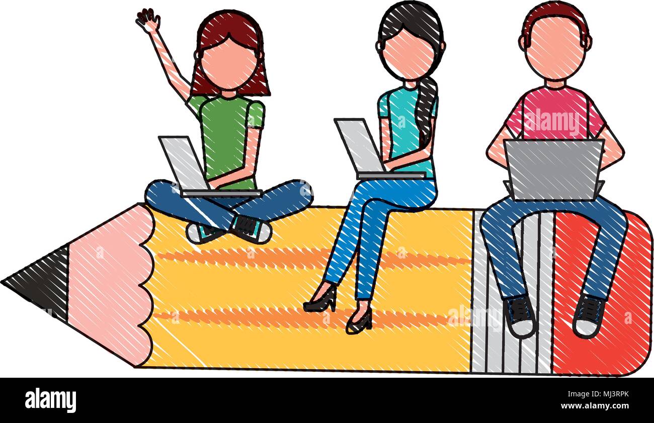 group students sit on school pencil with her laptops vector ...