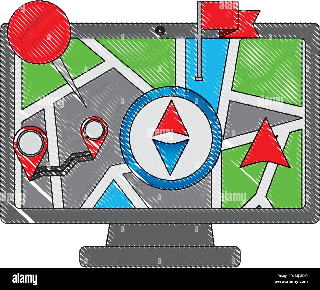 computer screen mobile gps navigation compass flag and pointers mark ...