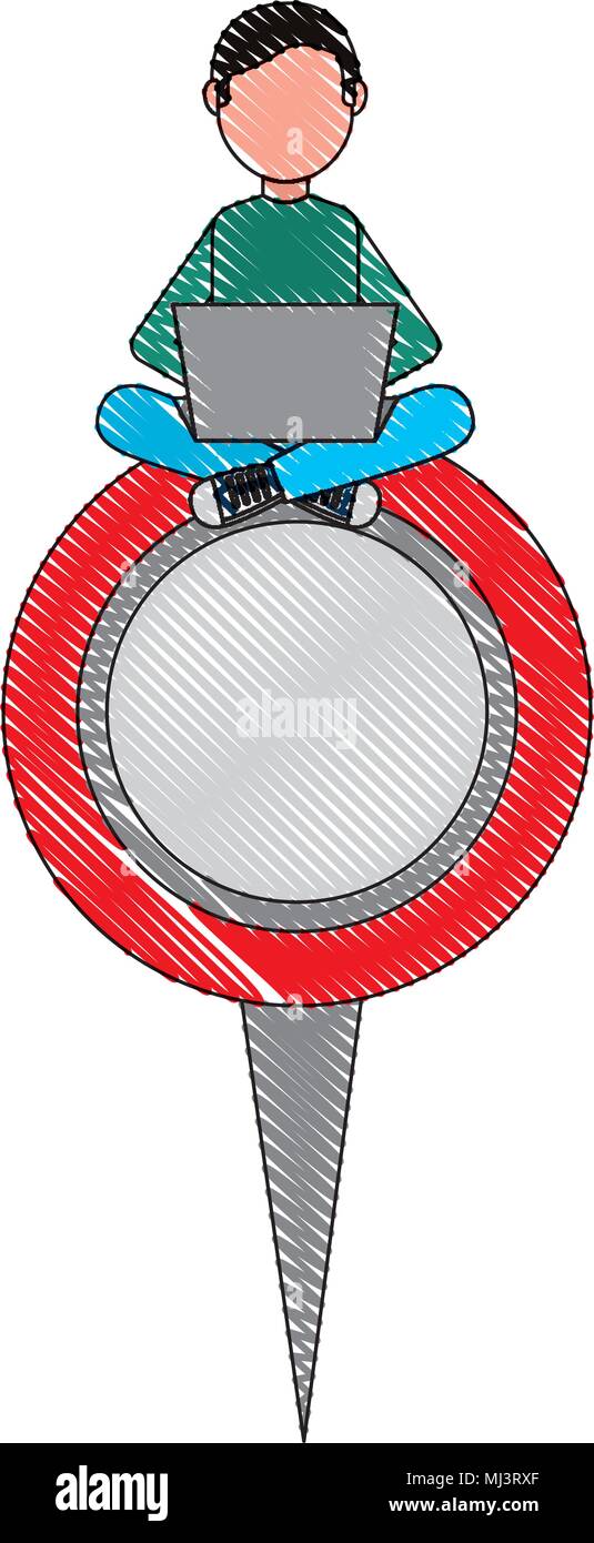 happy guy sit in pin map with laptop device vector illustration drawing ...