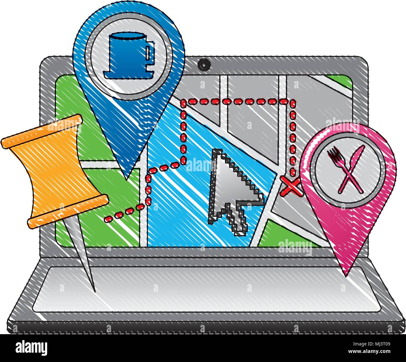 laptop mobile gps navigation map pin markers route restaurant vector ...