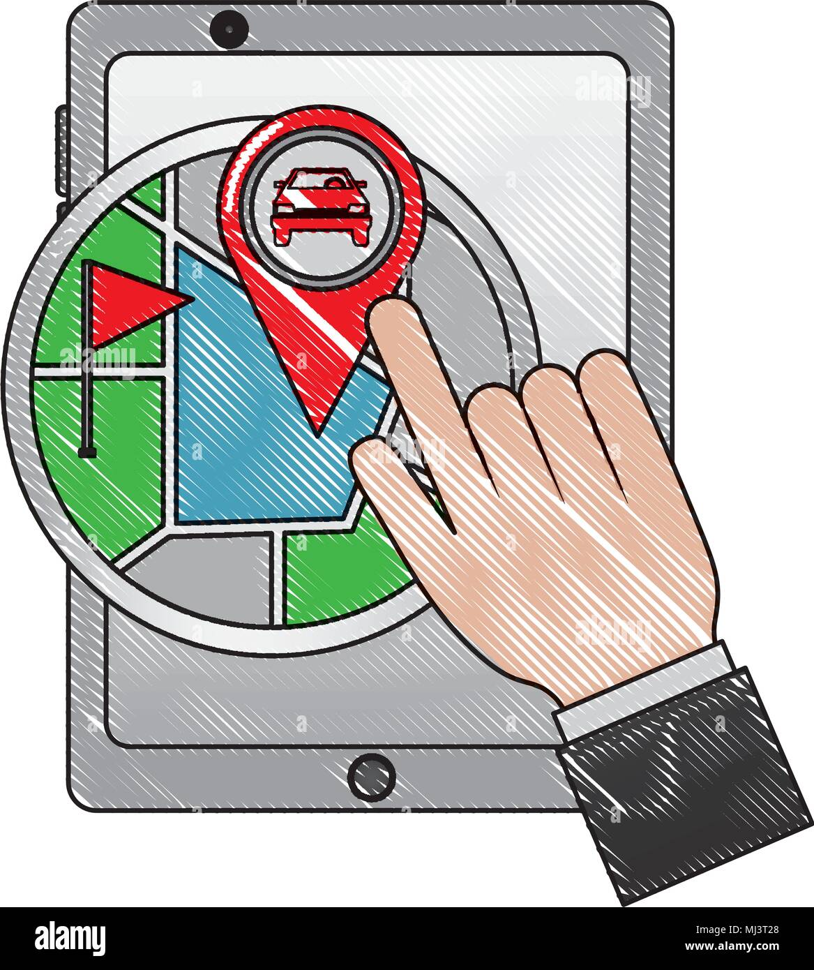 hand touching screen smartphone car destination vector illustration ...
