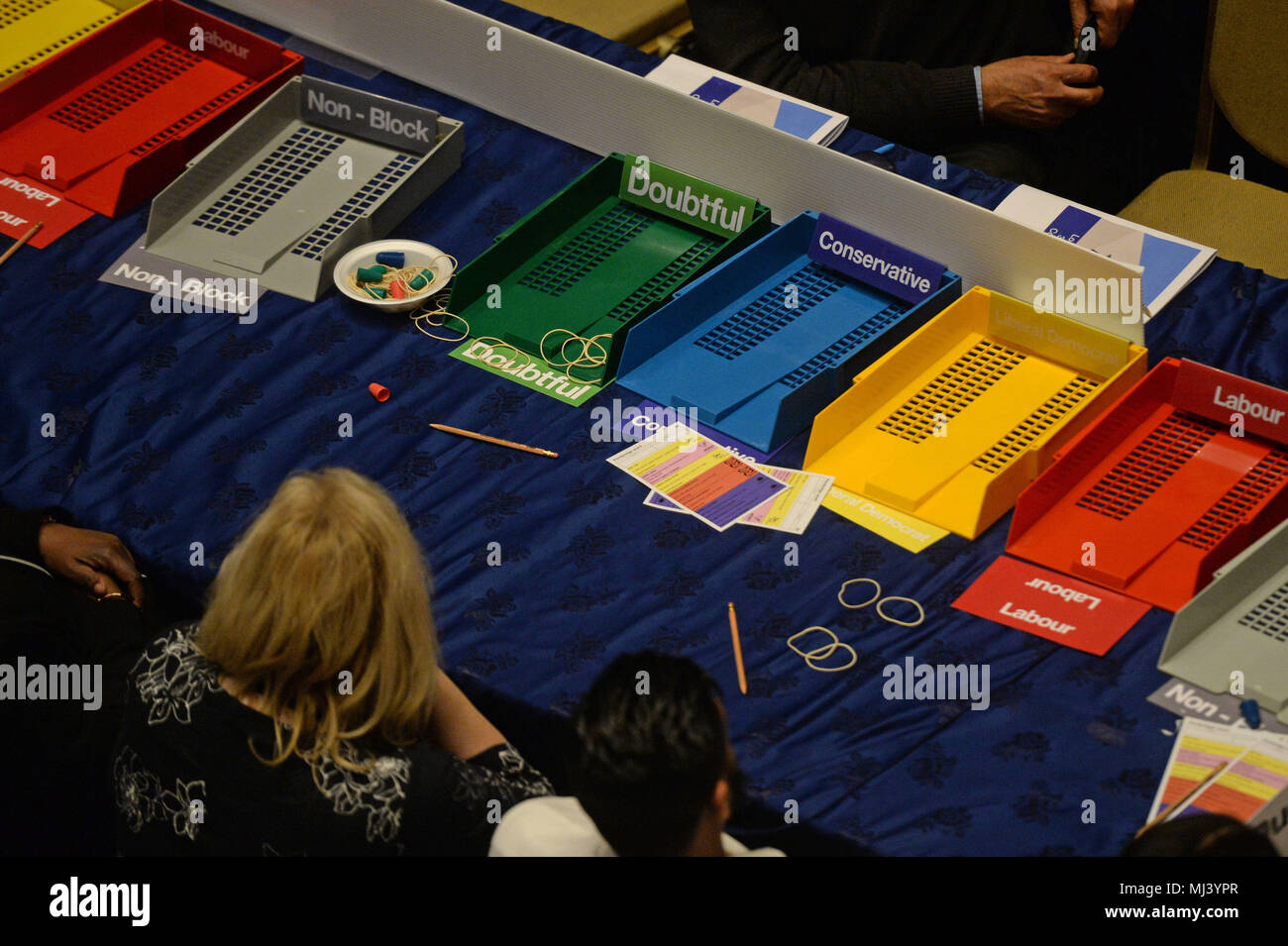 Count volunteers sort ballot papers at Kensington Town Hall, London as ...