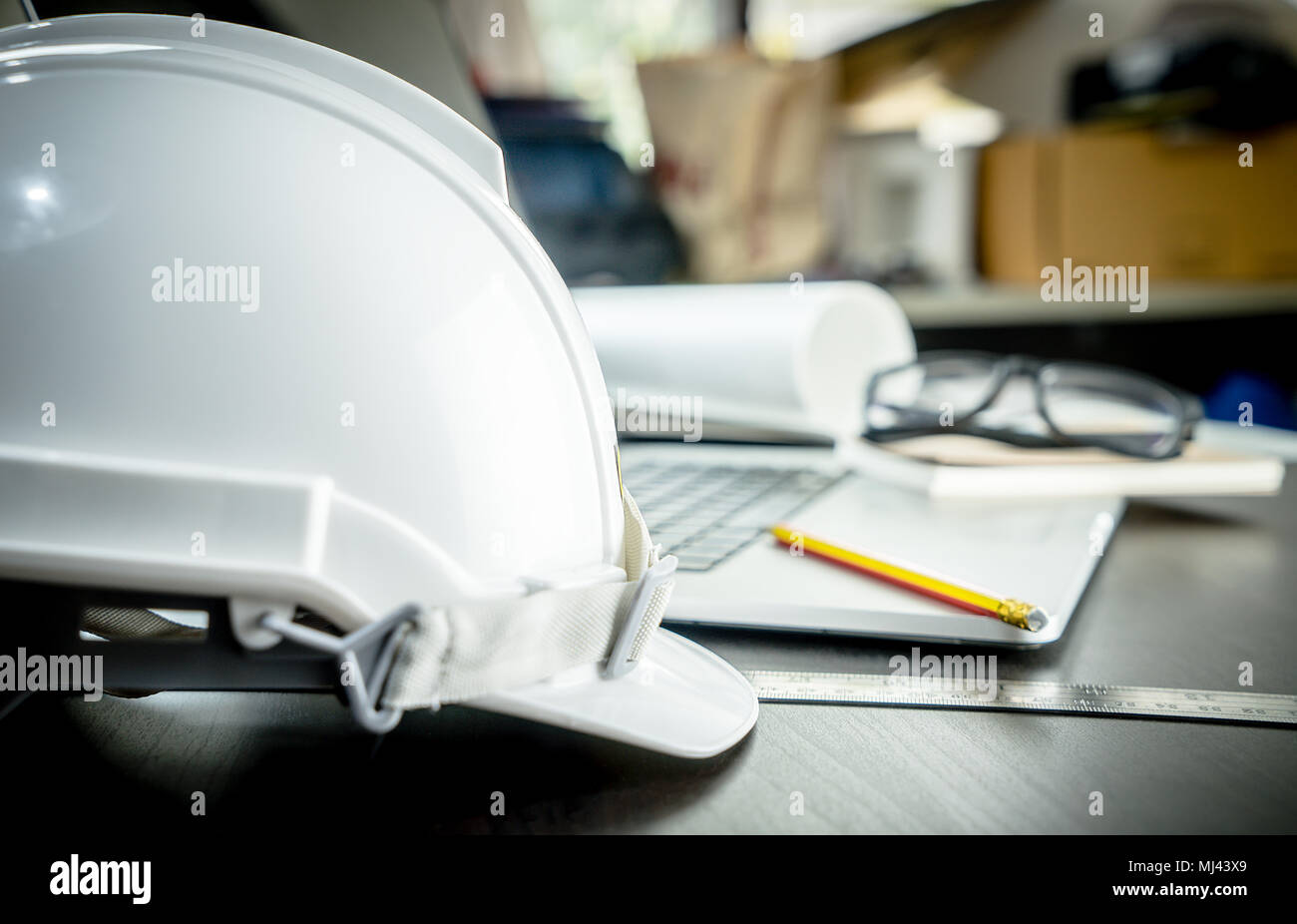 Engineer working desk with computer and tools Stock Photo - Alamy