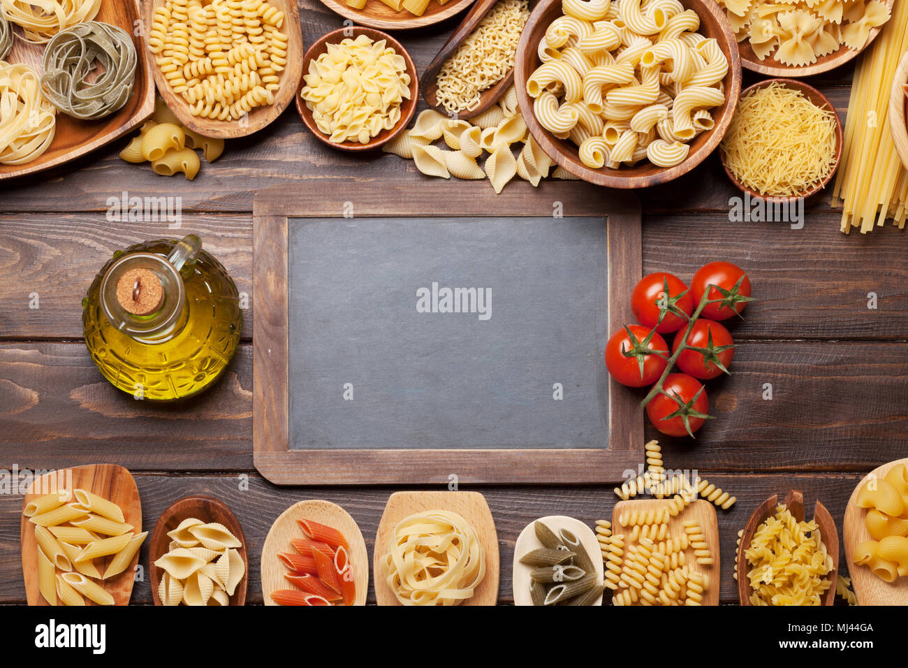 Various pasta. Cooking concept. Top view with space for your recipe ...