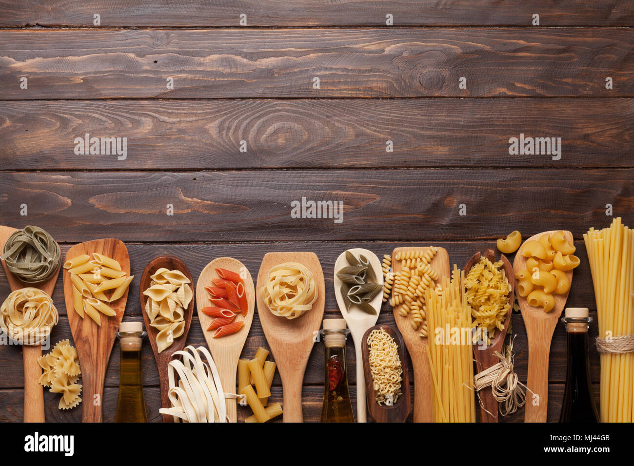 Various pasta. Cooking concept. Top view with space for your recipe ...