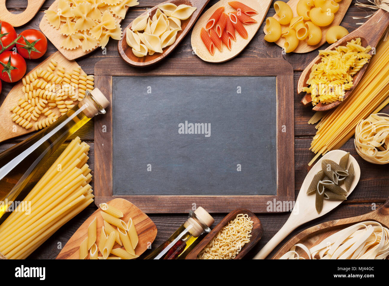 Various pasta. Cooking concept. Top view with space for your recipe ...