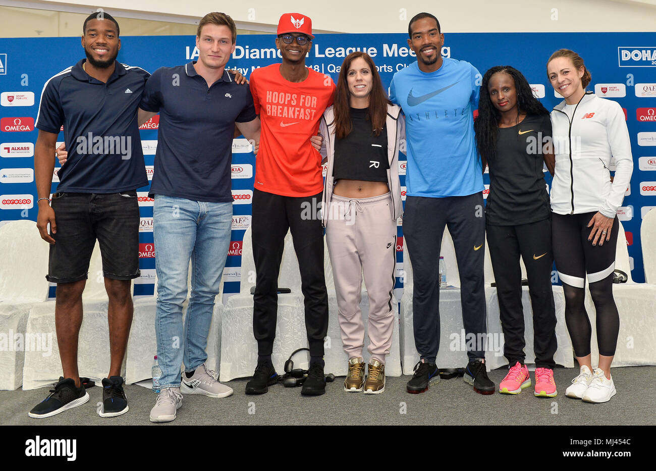 Doha, Qatar. 3rd May, 2018. (From left to right) Sprinter Nathaneel ...