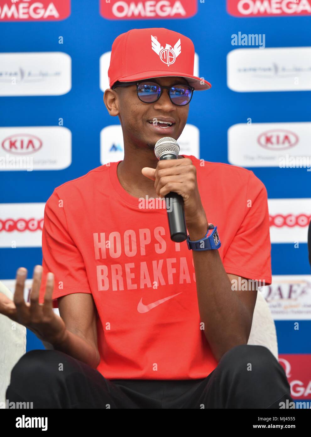 Doha, Qatar. 3rd May, 2018. High jumper Mutaz Barshim of Qatar speaks ...